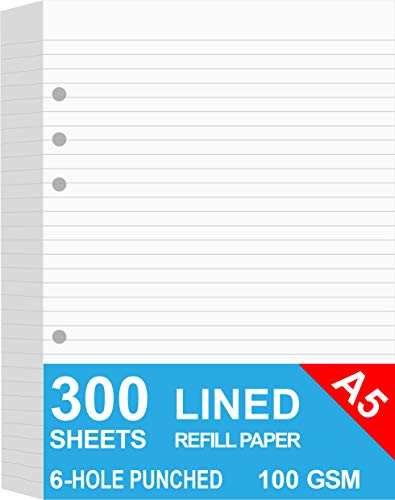 (3-Pack) A5 Lined Refills Paper for Filofax Planner/Binders/Organizer, 6 Hole Punched, Total 300 Sheets/600 Pages, 100gsm, White, 5.8 x 8.2 Inch