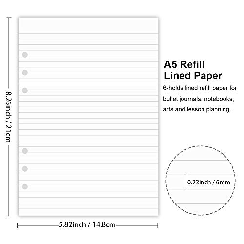 (3-Pack) A5 Lined Refills Paper for Filofax Planner/Binders/Organizer, 6 Hole Punched, Total 300 Sheets/600 Pages, 100gsm, White, 5.8 x 8.2 Inch