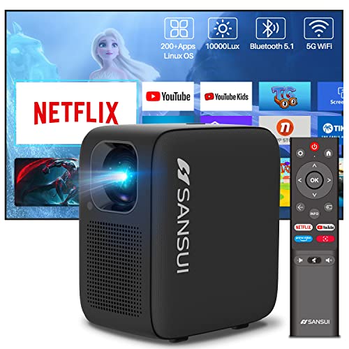 SANSUI Portable Projector with WiFi and Bluetooth, 1080P Smart Projector Netflix-Licensed,10000 Lumens,Auto Keystone Correction,Hi-Fi Audio HDR 10 for Home Theatre Outdoor Movies