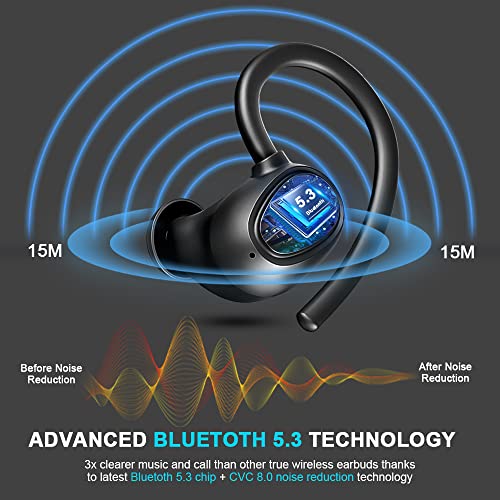 Wireless Earbud, Sports Bluetooth 5.3 Headphones, Bluetooth Earbud with Mic Deep Bass, in Ear Wireless Earphones Noise Cancelling Headphones, Ear Buds with Earhooks IP7 Waterproof 48H for Running