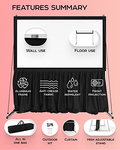 80 inch Outdoor Projector Screen and Stand or Wall Mount - 2 in 1 Indoor Outdoor Movie Screen - Premium Portable Projection Screen HD 16:9 - Large Metal Fast Foldable Fixed Frame - Theater Skirt