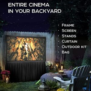 80 inch Outdoor Projector Screen and Stand or Wall Mount - 2 in 1 Indoor Outdoor Movie Screen - Premium Portable Projection Screen HD 16:9 - Large Metal Fast Foldable Fixed Frame - Theater Skirt