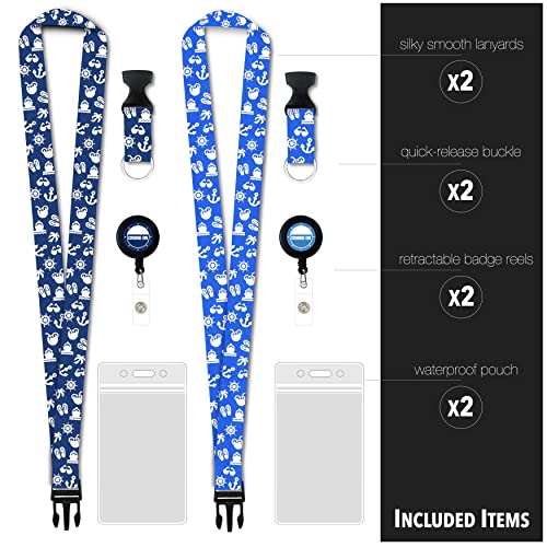 Cruise Lanyard Essentials for Ship Cards [2 Pack] Cruise Lanyards with ID Holder, Key Card Retractable Badge & Waterproof Ship Card Holders (Blue & Royal Blue)