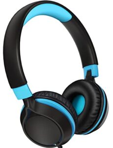 tuneake kids headphones, foldable stereo on-ear kids headset, 94db volume limited, adjustable headband headphones for kids teens, tangle-free 3.5mm jack school headphones for ipad tablet, blue black