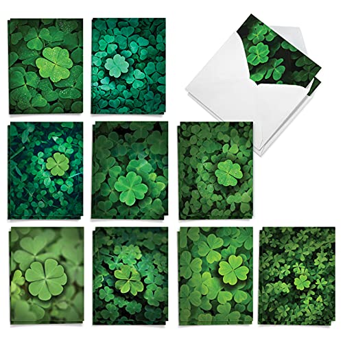 The Best Card Company - 20 Assorted Boxed St. Patrick's Day Note Cards, 2 each of 10 designs, with Envelopes (4 x 5.12 Inch) - Lucky Clovers AM9079SPG-B2x10