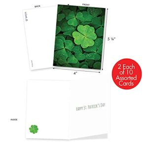 The Best Card Company - 20 Assorted Boxed St. Patrick's Day Note Cards, 2 each of 10 designs, with Envelopes (4 x 5.12 Inch) - Lucky Clovers AM9079SPG-B2x10