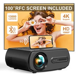 jimveo projector 5g wifi bluetooth,13000l 420 ansi native 1080p outdoor projector 4k &4d keystone&50% zoom support,sealed mini portable movie led/home projectors for phone/tv stick/pc[screen included]