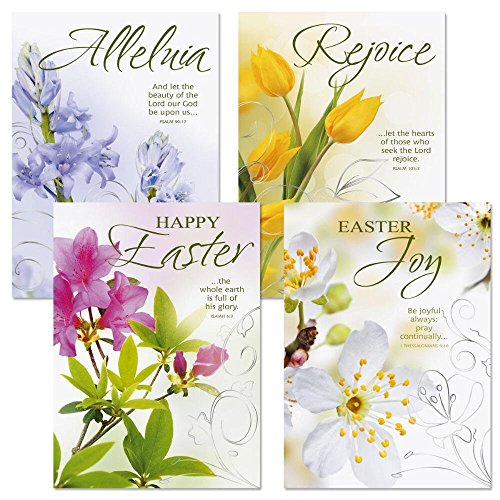 Deluxe Joy Religious Easter Greeting Cards - Set of 8 (4 designs), Envelopes Included, Inspiring Bible Messages for Christians and Catholics, 5 Inches x 7 Inches