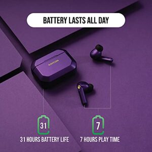 Raycon The Gaming Bluetooth True Wireless Earbuds with Built in Mic, Low Latency, 31 Hours of Battery, Charging Case with Talk, Text, and Play, Bluetooth 5.0 (Digital Purple)