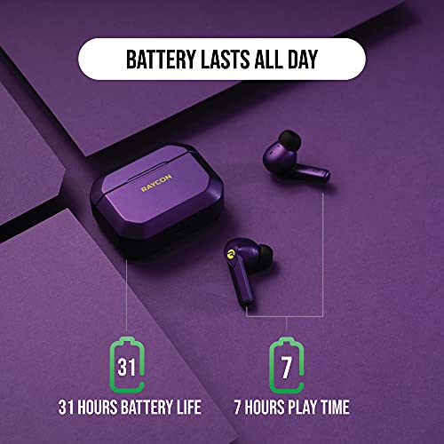 Raycon The Gaming Bluetooth True Wireless Earbuds with Built in Mic, Low Latency, 31 Hours of Battery, Charging Case with Talk, Text, and Play, Bluetooth 5.0 (Digital Purple)