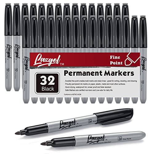 LAZGOL Permanent Markers Bulk, 32 Pack Black Permanent Marker Set, Fine Tip, Waterproof Markers, Premium Smear Proof Pens, Waterproof, Quick Drying, Office Supplies for School, Office, Home