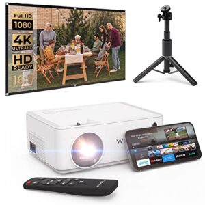 wifi bluetooth projector with 12 inch lightweight tripod stand, with 100 inch projector screen, wewatch 8500l portable movie projector for home outdoor, 1080p video and 260″ display supported