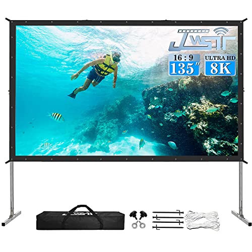 Projector Screen and Stand,JWSIT 135 inch Outdoor Movie Screen-Upgraded 3 Layers PVC 16:9 Outdoor Projector Screen,Portable Video Projection Screen with Carrying Bag for Home Theater Backyard