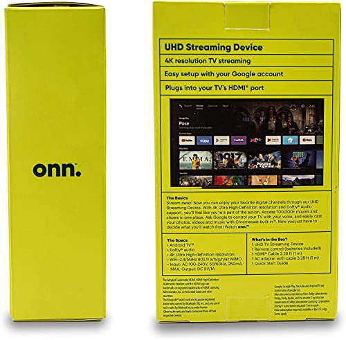 ONN Android TV 4K UHD Streaming Device with Voice Remote Control Google Assistant & High Speed HDMI Cable (100026240)