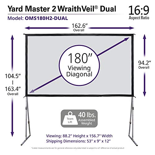 Elite Screens Yard Master 2 WraithVeil Projector Screen 180-INCH 16:9 Front and Rear 4K/8K Ultra HD Active 3D HDR Indoor Office OutdoorProjection Screens OMS180H2-DUAL US Based Company 2-YEAR WARRANTY