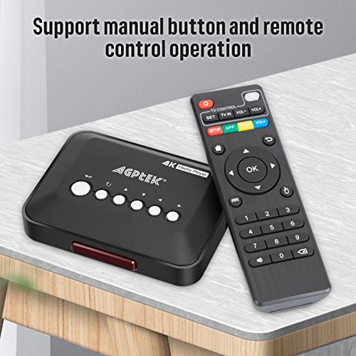 4K@30hz HDMI TV Media Player with HDMI/AV Output, Digital MP4 Player for 14TB HDD/ 512G USB Drive/SD Card/H.265 MP4, with Remote Control for MP3 AVI RMVB MPEG etc