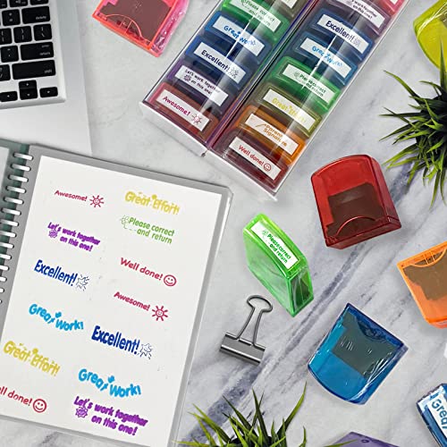 Bertiveny Teacher Stamps for Grading Classroom，Parent Signature Self-Inking Teacher Stamp Set School Supplies Stamps for Homework Reward with 8 pcs Teacher Supplies for Classroom Elementary(Rainbow)