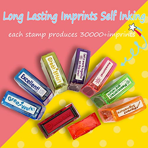 Bertiveny Teacher Stamps for Grading Classroom，Parent Signature Self-Inking Teacher Stamp Set School Supplies Stamps for Homework Reward with 8 pcs Teacher Supplies for Classroom Elementary(Rainbow)