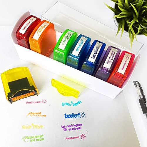 Bertiveny Teacher Stamps for Grading Classroom，Parent Signature Self-Inking Teacher Stamp Set School Supplies Stamps for Homework Reward with 8 pcs Teacher Supplies for Classroom Elementary(Rainbow)