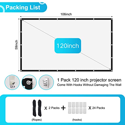 120 in Front and Rear Projector Screen, Hanging Movie Screen with Hooks Ropes, Portable Office Indoor Outdoor Video Projection Screen,Leinwand Beamer Projektionsleinwand Écran de Projection 投影幕布