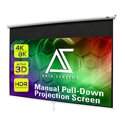 Akia Screens 110 inch Pull Down Projector Screen Manual B 16:9 8K 4K HD 3D Ceiling Wall Mount White Portable Projection Screen Retractable Auto Locking for Indoor Movie Home Theater Office AK-M110H1