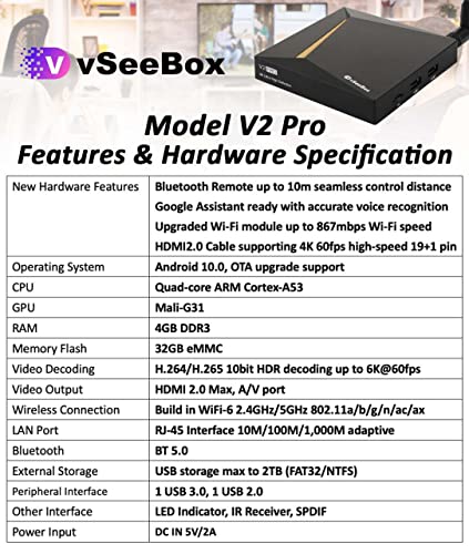 vSeeBox V2 Pro, Newest Android TV Box with Voice Remote Control,Backlit Mini Keyboard and 2Meters 8K HDMI Cable(4GB RAM+ 32 GB ROM)