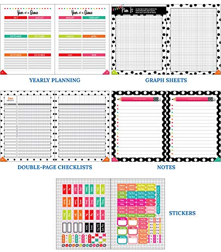 Schoolgirl Style Black, White & Stylish Brights Teacher Planner, 8" x 11" Undated Daily Planner, Weekly Planner, Monthly Planner With Planner Stickers for Classroom Organization & Teacher Organization