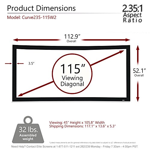 Elite Screens Lunette 2 Series, 115-inch Diagonal 2.35:1, Curved Home Theater Fixed Frame Projector Screen, CURVE235-115W2, CineWhite, 115"" diag. 2.35:1"