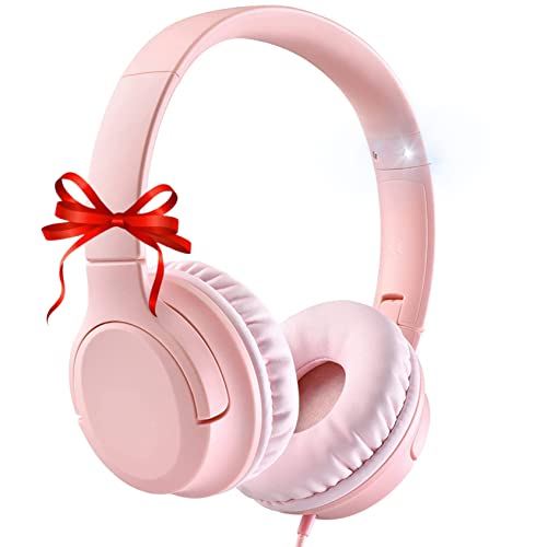 Calhuber Kids Headphones, K12 Foldable Children with Tangle-Free 3.5mm Jack Cord, Over-Ear Wired Headset for Children/Teens/Girls/Smartphones/School/Kindle/Airplane Travel/Plane/Tablet (Pink)