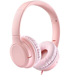 Calhuber Kids Headphones, K12 Foldable Children with Tangle-Free 3.5mm Jack Cord, Over-Ear Wired Headset for Children/Teens/Girls/Smartphones/School/Kindle/Airplane Travel/Plane/Tablet (Pink)