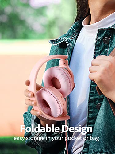 Calhuber Kids Headphones, K12 Foldable Children with Tangle-Free 3.5mm Jack Cord, Over-Ear Wired Headset for Children/Teens/Girls/Smartphones/School/Kindle/Airplane Travel/Plane/Tablet (Pink)