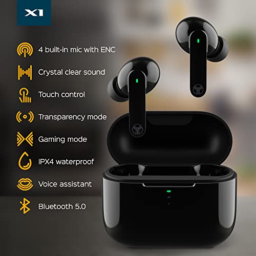 TREBLAB X1 - True Wireless Earbuds, IPX4 Waterproof Bluetooth Earbuds with Touch Control, Voice Assistant, Transparency Mode, and Gaming Mode, Up to 24 Hour Playtime, Includes Charging Case, Black