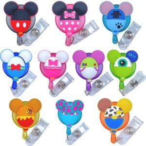 10 pc cute badge reel cartoon characters retractable badge reel id holder | mouse ear shape character princess name clips extension reels lanyards card healthcare pediatric kids nursery health care