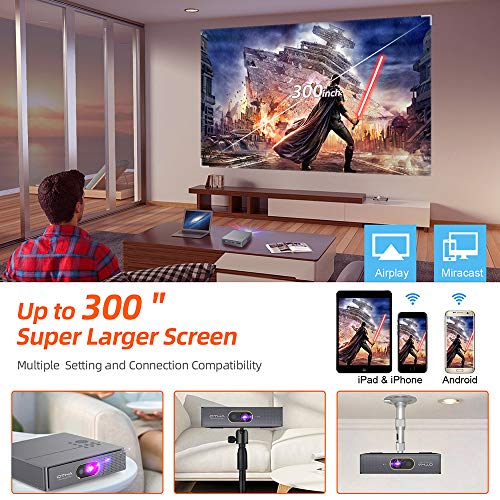 Mini Projector,400 ANSI Lumen,1080P HD Video DLP Portable Projector with Android , Wi-Fi, Wireless and Wired Screen Sharing.Dual 3W Speaker,Max to 300 Inch Picture,No Built-in Battery