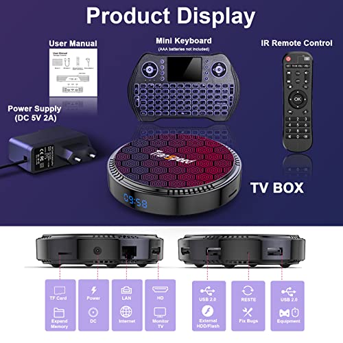 Android 12 TV Box 4GB 64GB Android Box with WiFi 6 2.4G 5.8G H618 Chipset USB 2.0 4K 6K HDR10 H.265 BT5.0 with Mini Wireless Backlit Keyboard