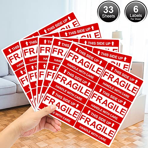 3x5 Inch Fragile Stickers for Shipping, 198 Pcs Fragile Stickers, Strong Adhesive Fragile Labels, Handle with Care Stickers for Shipping, Fragile Stickers for Moving