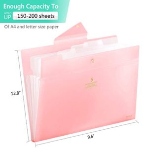 SKYDUE Expanding File Folders 5 Pockets File Folder with Snap Closure A4 and Letter Size Accordion Document Paper Organizer for Home School Office (Pink)