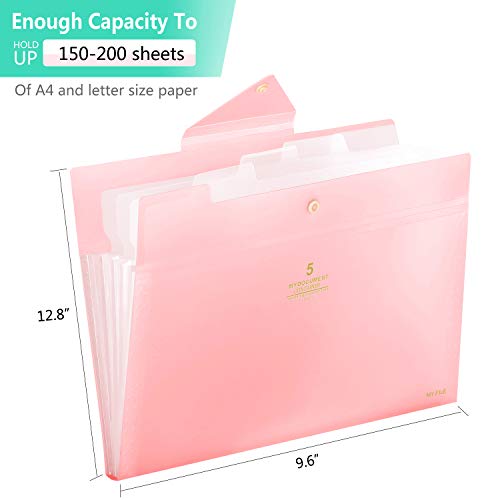 SKYDUE Expanding File Folders 5 Pockets File Folder with Snap Closure A4 and Letter Size Accordion Document Paper Organizer for Home School Office (Pink)