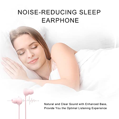 okcsc M16 Sleep Earbuds Noise Cancelling Wired Lightweight Ultra-Soft Silicone in-Ear Headphone Earplugs with Microphone & Volume Control,3.5mm Plug Compatible for Insomnia,Air Travel&Meditation Pink