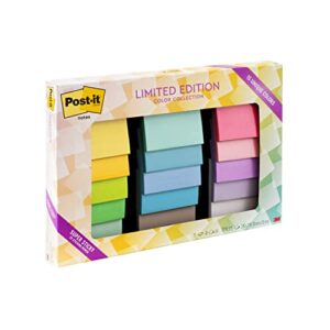 post-it super sticky notes, limited edition color collection, 3×3 in, 15 pads/pack, 45 sheets/pad (654-15ssall)