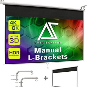 Akia Screens 100 inch Projector Screen Pull Down Manual B 16:9 8K 4K HD 3D Ceiling Wall Mount White Portable Projection Screen Retractable Auto Locking AK-M100H1 with 10 inch L-Bracket White AK-ZLB10W