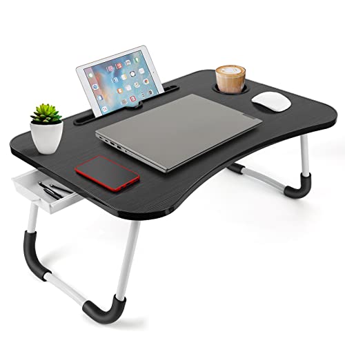 Lap Desk Foldable Bed Table Portable Multi-Function Laptop Bed Desk with Storage Drawer and Cup Holder, Notebook Stand Breakfast Bed Tray for Sofa, Bed, Terrace, Balcony, Garden