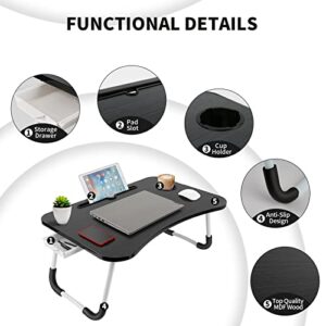 Lap Desk Foldable Bed Table Portable Multi-Function Laptop Bed Desk with Storage Drawer and Cup Holder, Notebook Stand Breakfast Bed Tray for Sofa, Bed, Terrace, Balcony, Garden