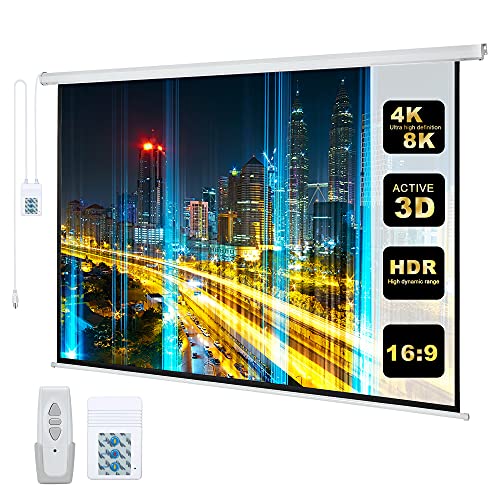 110" Motorized Projector Screen Electric Diagonal Automatic Projection 16:9 HD Movies Screen for Home Theater Presentation Education Outdoor Indoor W/Wireless Remote and Wall/Ceiling Mount (White)