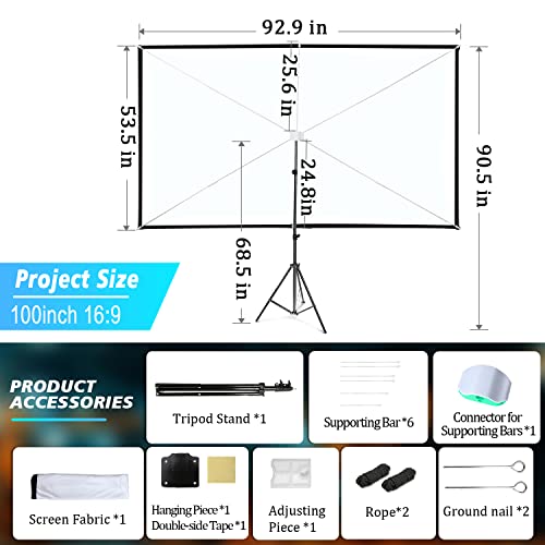 New Upgrade Projector Screen with Stand and Wall Stand, OWLENZ Polyester 100 inch 16:9 4K HD Portable Anti Crease Projection Screen for Home Theater Cinema Indoor Outdoor Movie Video Film Screen