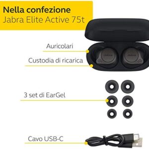 Jabra Elite Active 75t True Wireless Bluetooth Earbuds, Titanium Black – Wireless Earbuds for Running and Sport, Charging Case Included, 24 Hour Battery, Active Noise Cancelling Sport Earbuds