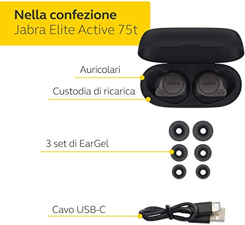 Jabra Elite Active 75t True Wireless Bluetooth Earbuds, Titanium Black – Wireless Earbuds for Running and Sport, Charging Case Included, 24 Hour Battery, Active Noise Cancelling Sport Earbuds