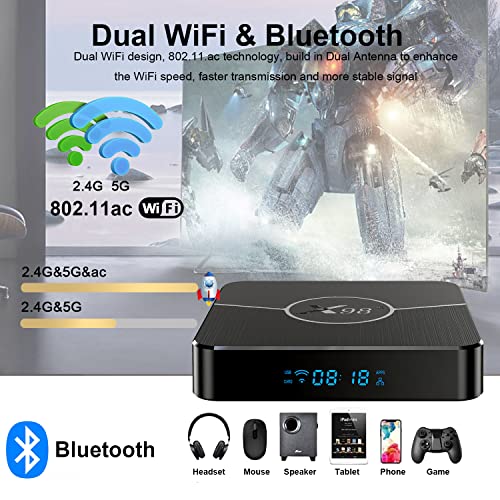 X98 5G Android 11 TV Box, 4K HDR Media Player Support 2.4G/5G Dual WiFi BT5.0 3D AV1 with Voice Air Mouse Remote