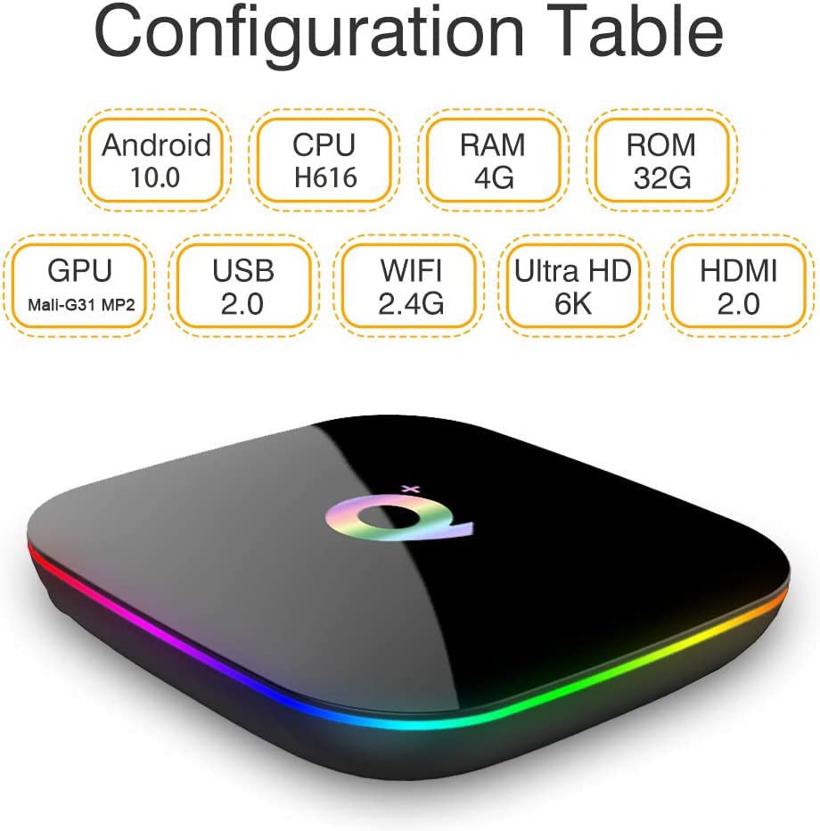 Q Plus Android 10.0 TV Box, Android Box 4GB RAM 32GB ROM H616 Quad Core USB 2.0 2.4G WiFi Support 6K 3D/H.265 Smart TV Box