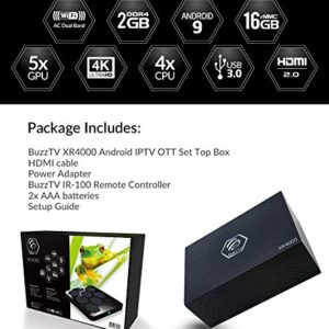 BuzzTV XR4000 - Android 9.0 IPTV Set-Top Box with IR-100 Remote - Faster Than Ever Before - 4K Ultra HD - 2GB RAM 16GB Storage - Latest Graphics Processor - Dual Band WiFi